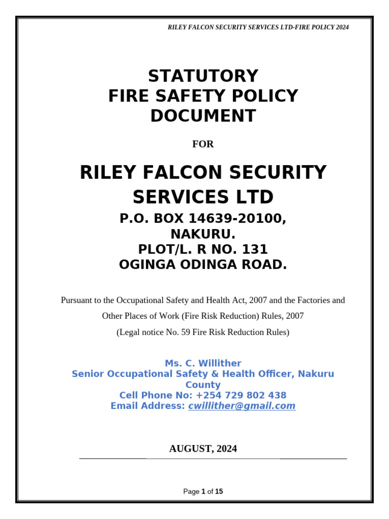 Riley Falcon 2024 Fire Safety Policy | PDF | Fire Safety | Firefighting