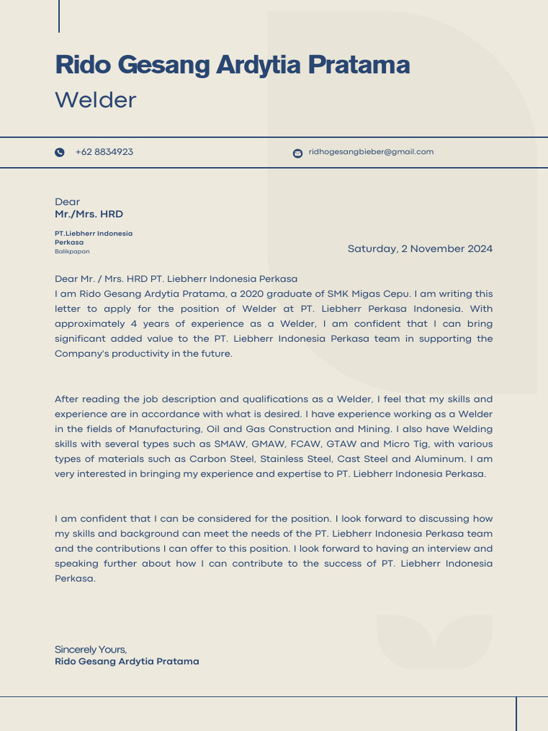 Cover Letter Rido Gesang | PDF | Career & Growth