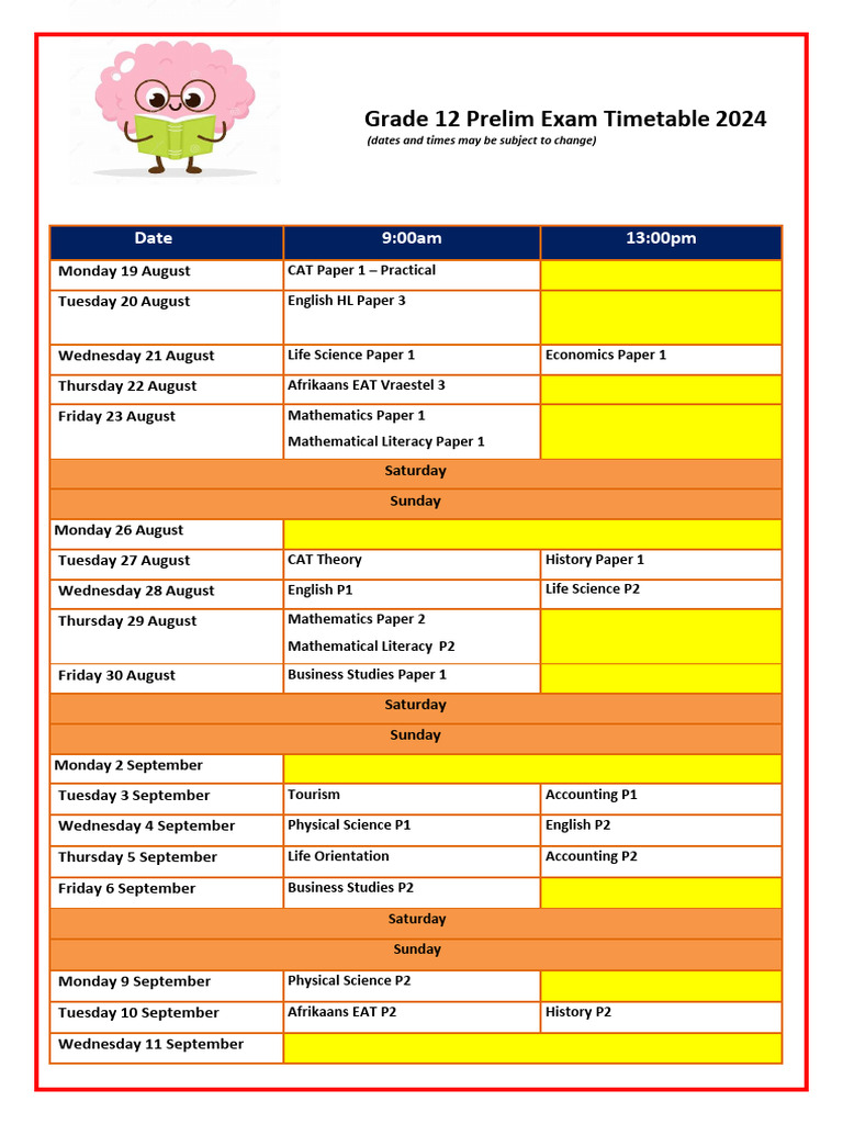 Prelim Exam Time Table Grade 12 | PDF