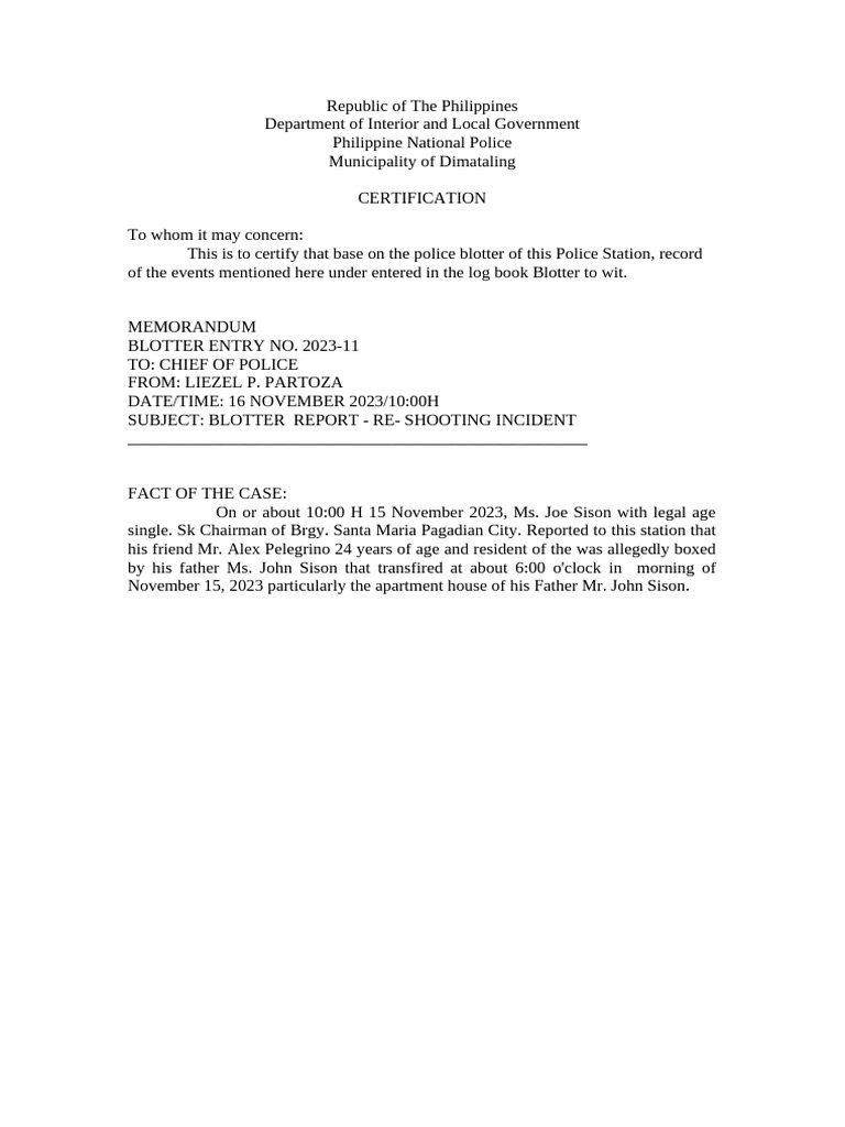 Blotter Report: Shooting Incident 2023 | PDF | Social Science