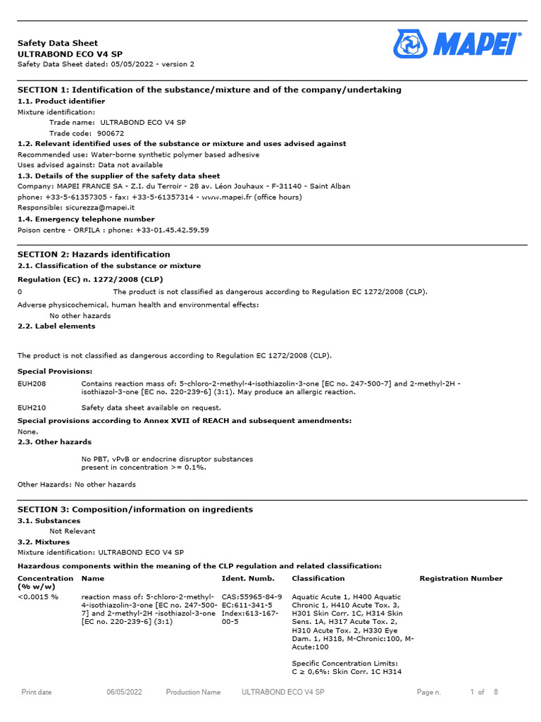 Ultrabond Eco V4 SP Safety Data Sheet | PDF | Waste | Toxicity