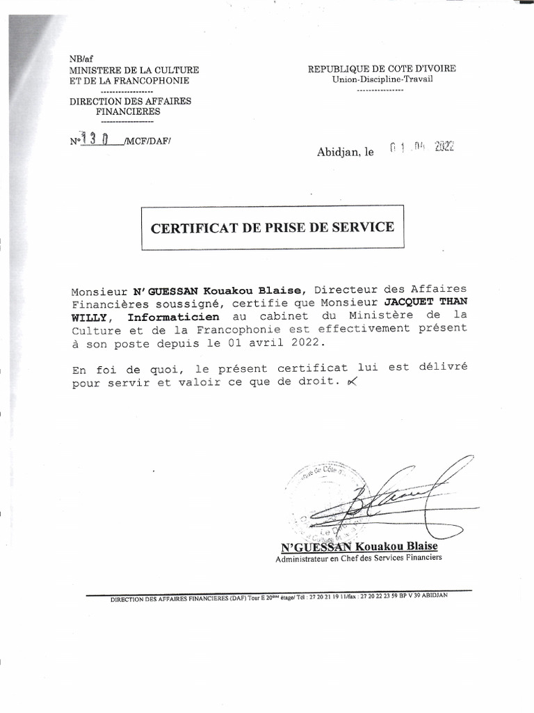 Certificat de Prise de Services | PDF
