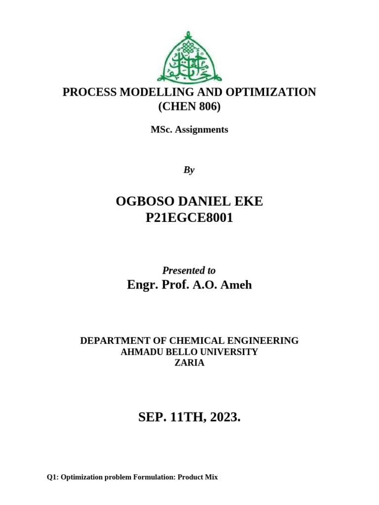 CHEN 806 Assign Prof Ameh | PDF | Fertilizer | Gasoline