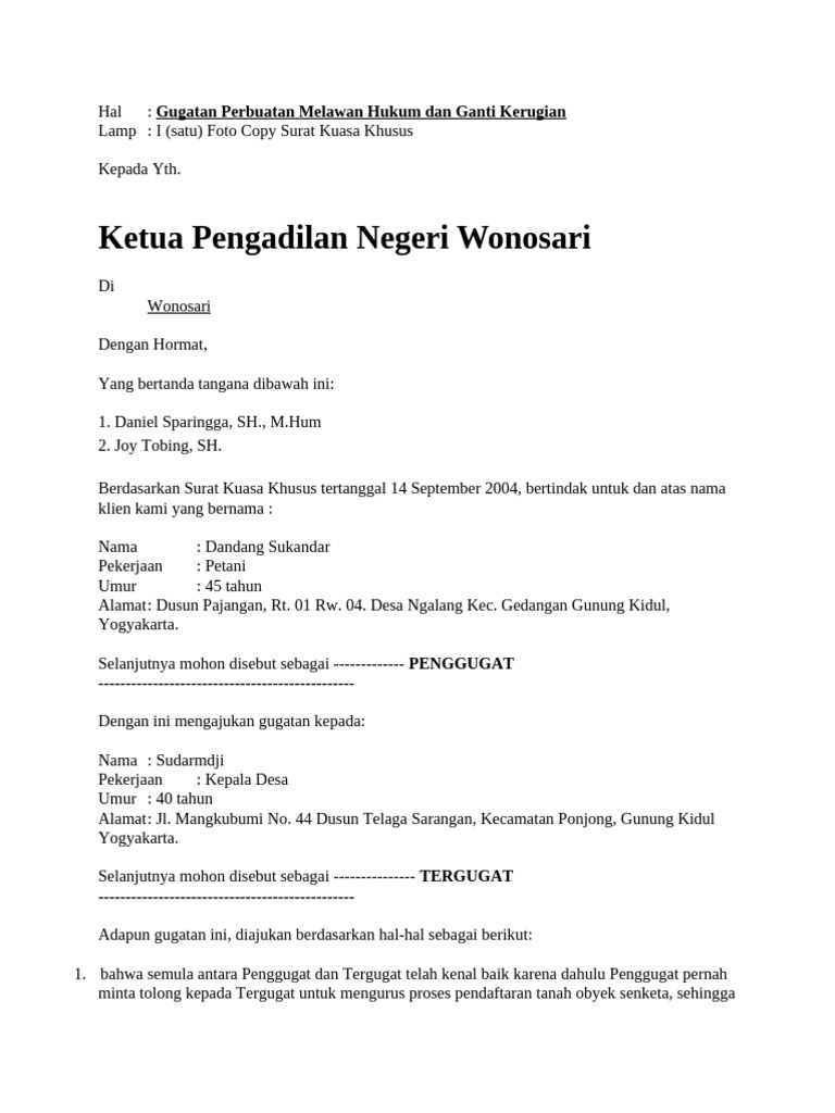 Contoh Gugatan PMH Dan Ganti Rugi | PDF