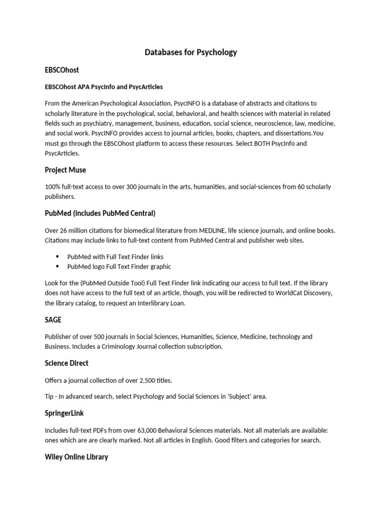 Databases For Psychology Online Literature | PDF