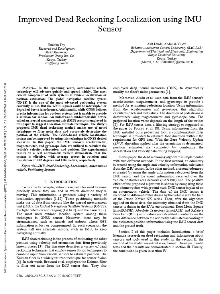 Improved Dead Reckoning Localization Using Imu Sensor Pdf Inertial Navigation System Metrology 