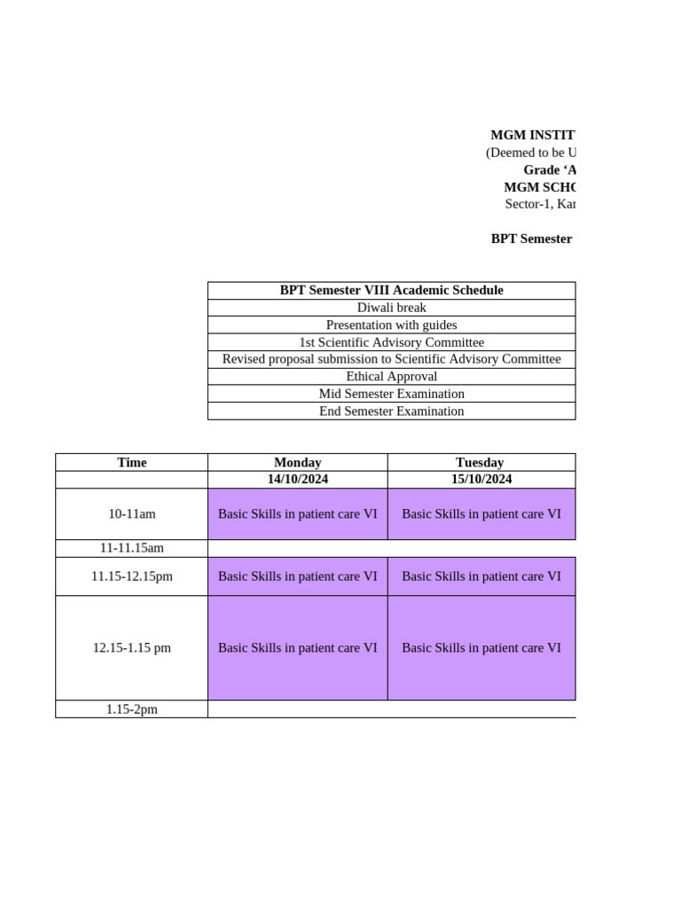 6 Monthly Schedule BPT Semester VIII | PDF | Physical Therapy | Clinical Medicine