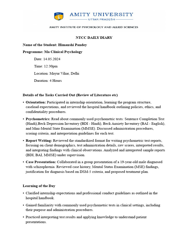 NTCC Daily Diary Sem3 | PDF | Wechsler Adult Intelligence Scale | Clinical Psychology