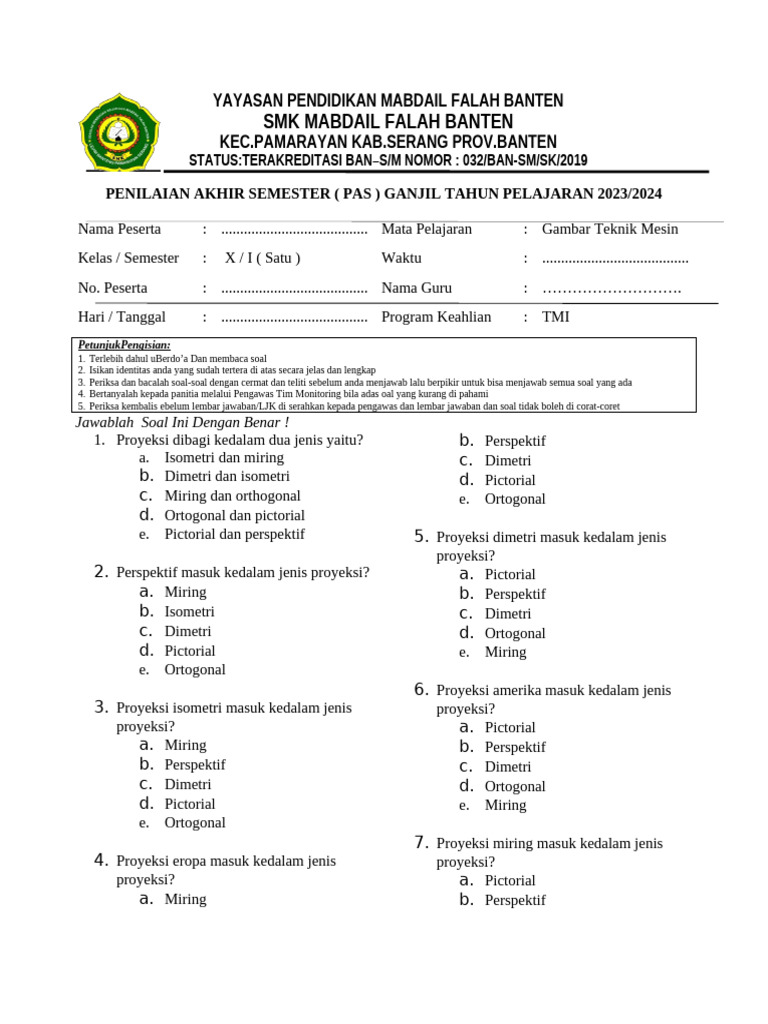 Soal Uas PG Gambar Teknik | PDF
