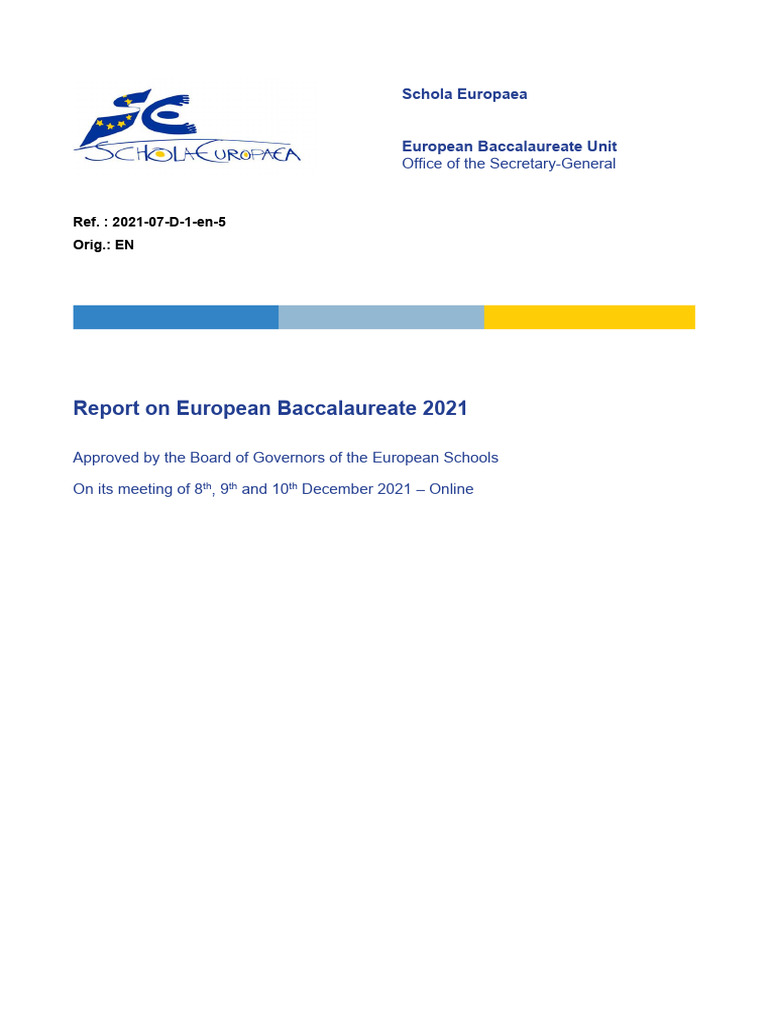 Report On European Baccalaureate 2021: Office of The Secretary-General ...