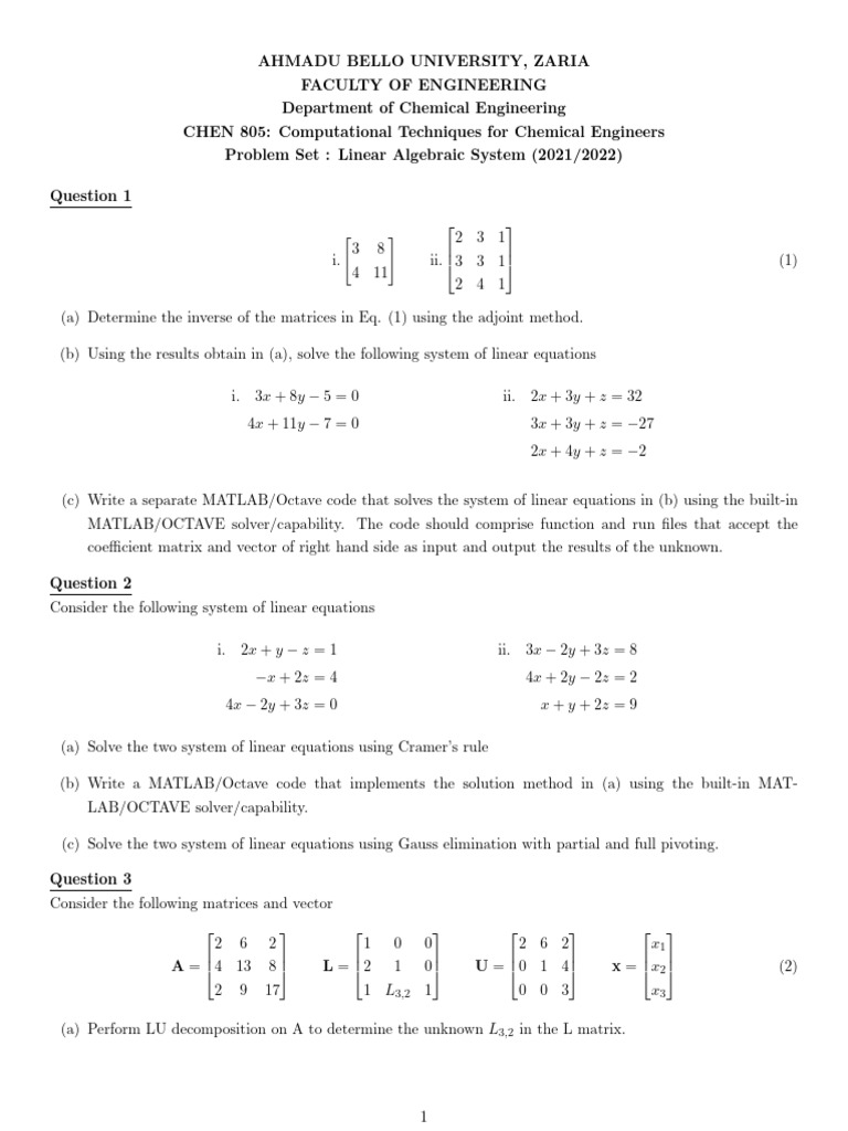 CHEN805 Problem Set | PDF | System Of Linear Equations | Numerical Analysis
