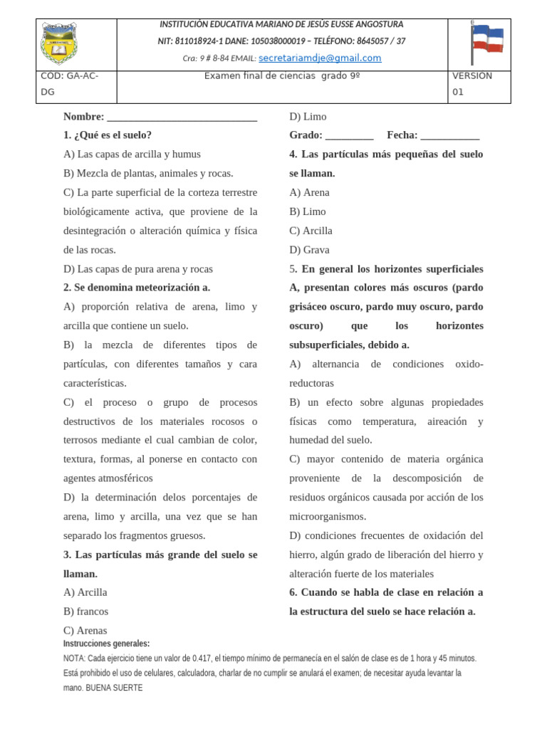 Examen sobre el Suelo y su Composición | PDF | Suelo | Materiales