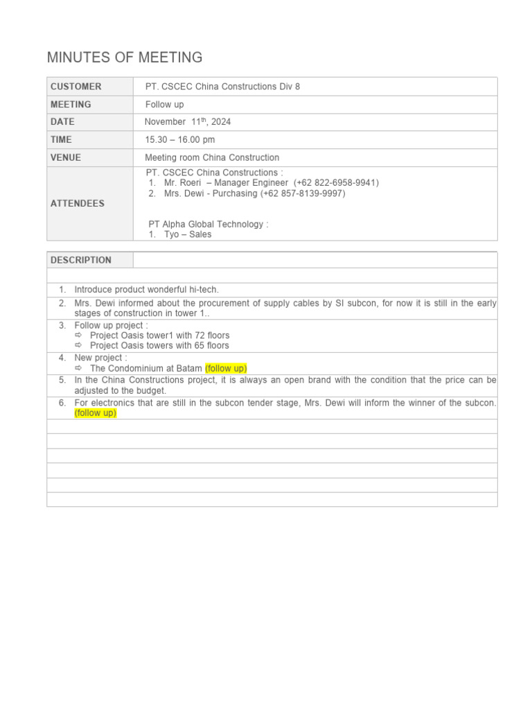 MoM PT. CSCEC China Constructions - MEP Contractor | PDF