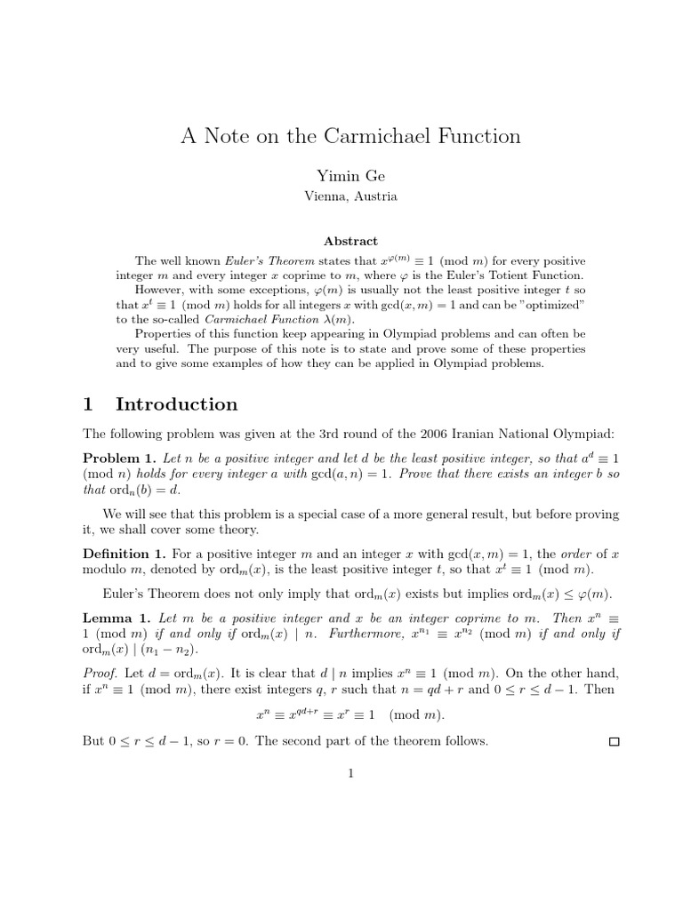 Carmichael Function - Ymin Ge - X | PDF | Number Theory | Discrete Mathematics