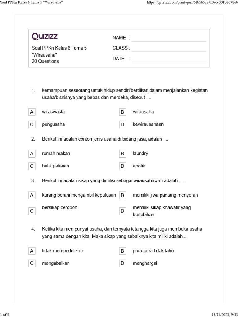 Soal PPKN Kelas 6 Tema 5 Wirausaha | PDF