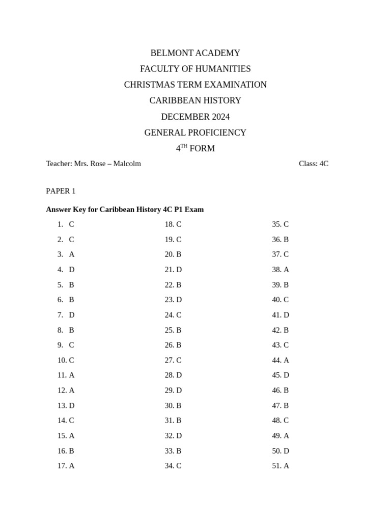 Caribbean History Exam Answer Key | PDF | Atlantic Slave Trade | Slavery