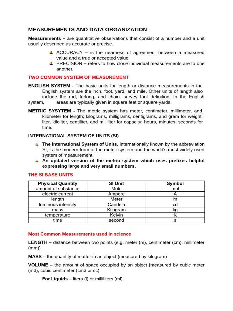 Measurement Systems and Data Organization | PDF | International System ...