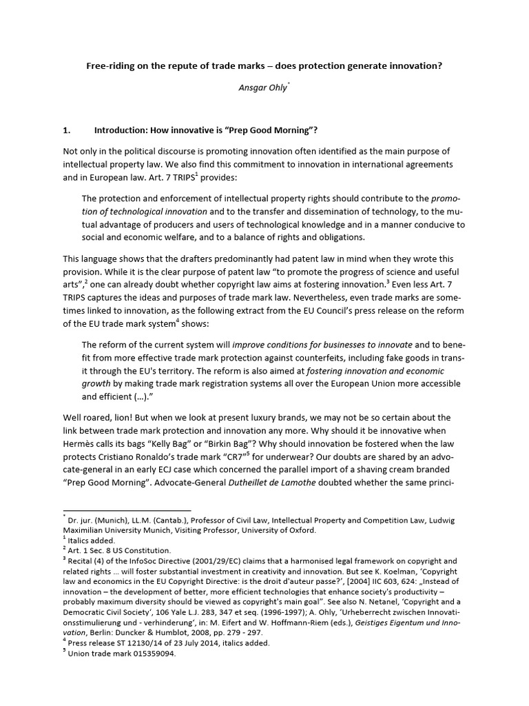 Ssrn-3223325free-Riding On The Repute of Trade Marks - Does Protection Generate Innovation ...