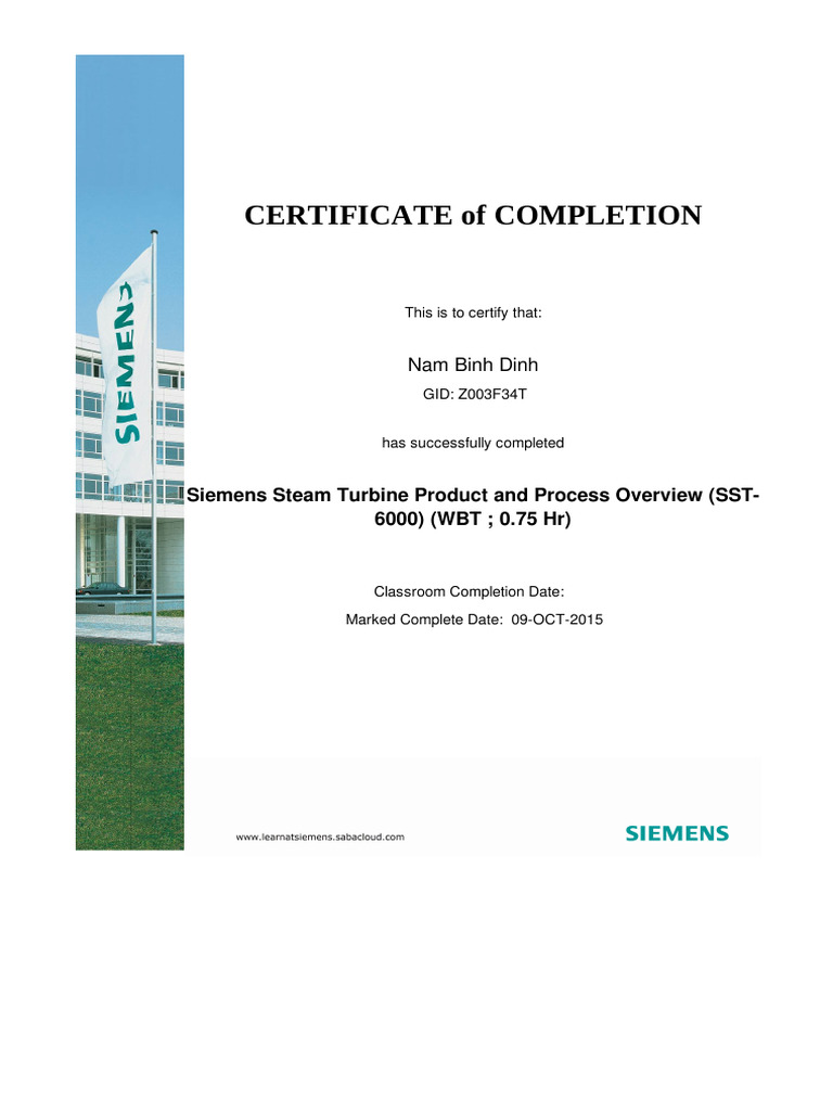 Certificate of Siemens Steam Turbine Products and Process Overview (SST ...