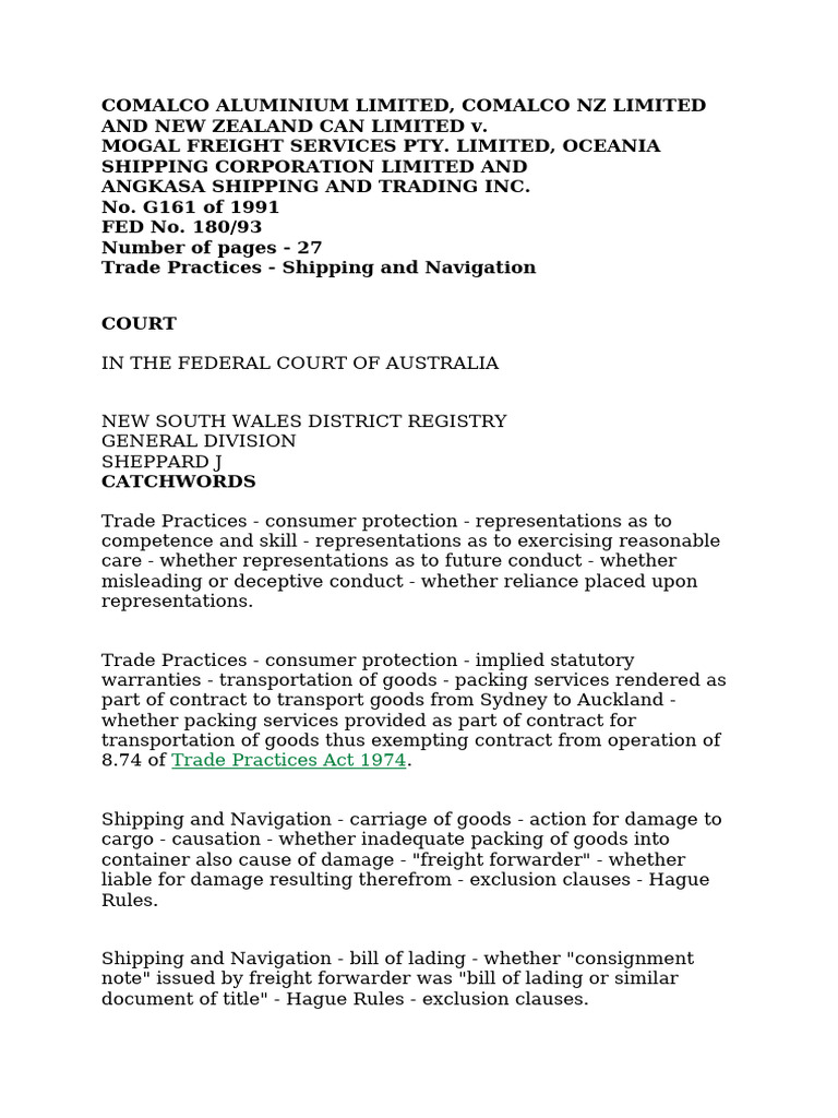 Comalco Aluminium V Mogal (1993) 113 A.L.R. 677 | PDF | Bill Of Lading ...