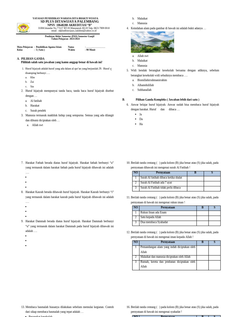 SOAL PAS Ganjil Kelas 1 2023 | PDF