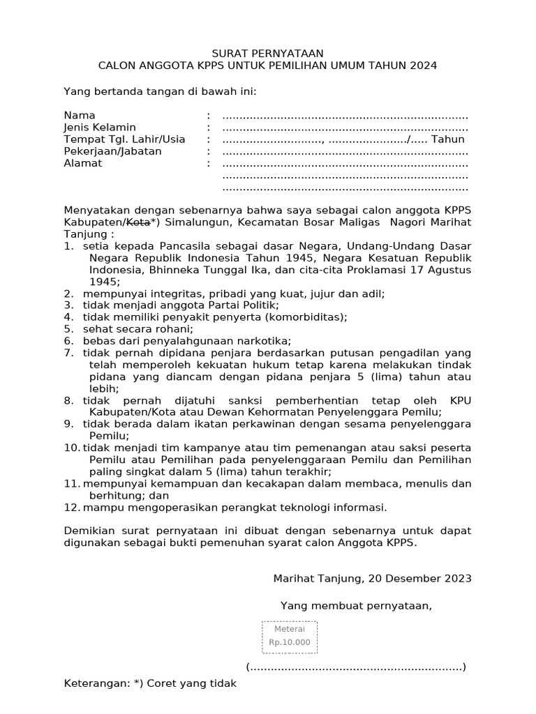 Surat Pernyataan - KPPS | PDF | Politik | Hukum