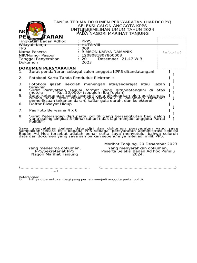 Tanda Terima Pendaftaran KPPS | PDF
