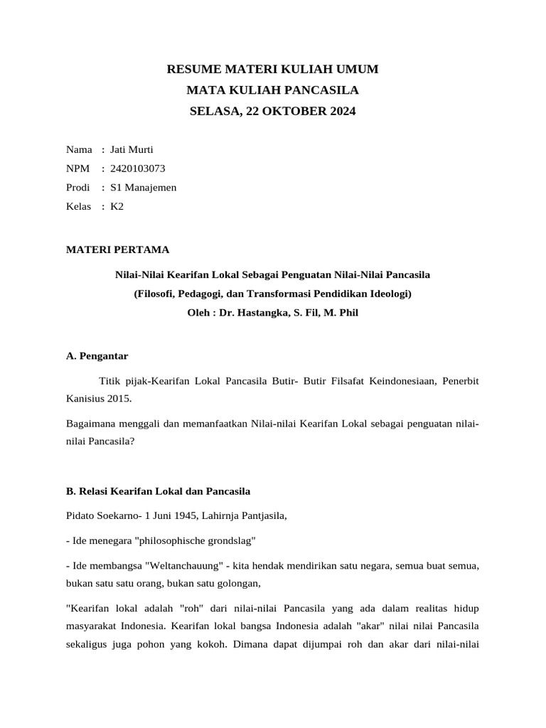 Resume Kuliah Umum Pancasila Jati Murti | PDF | Filsafat