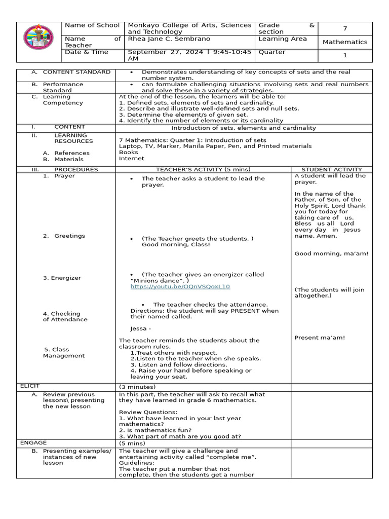 g7 q1 Lesson Plan By. Rhea Ajne Sembrano | PDF | Set (Mathematics ...