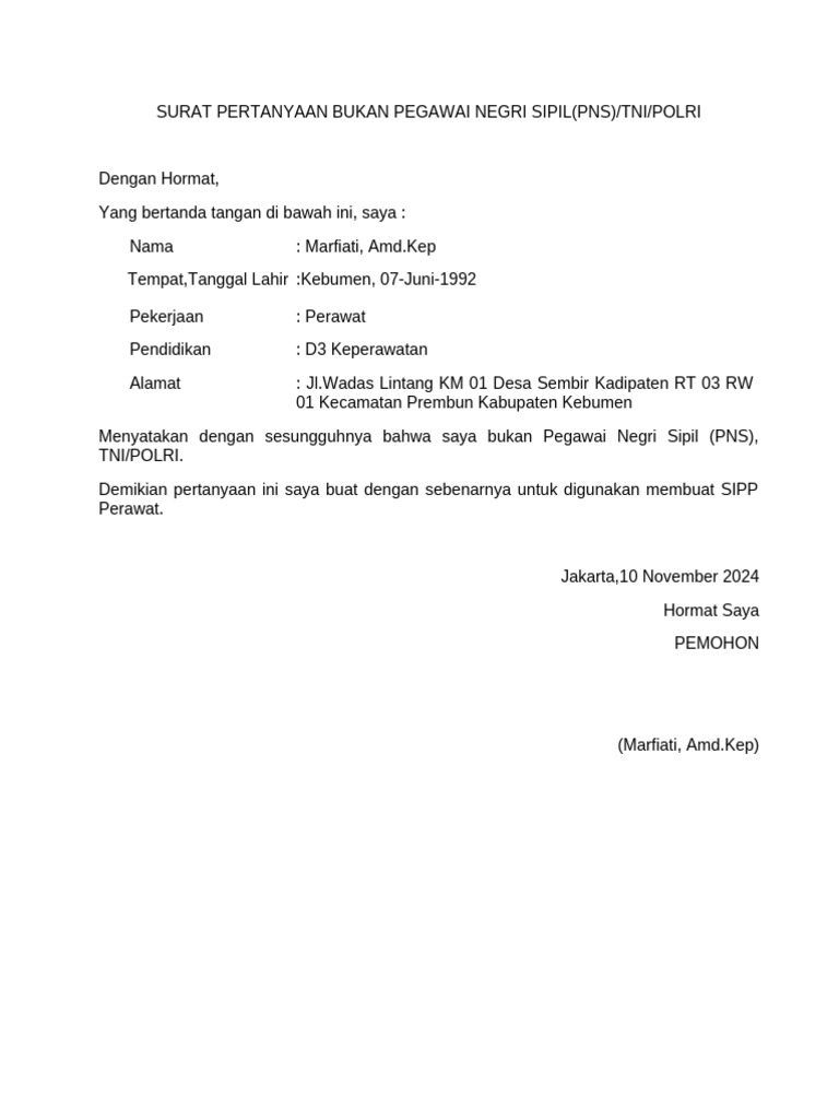 Surat Pertanyaan Bukan Pegawai Negri Sipil | PDF