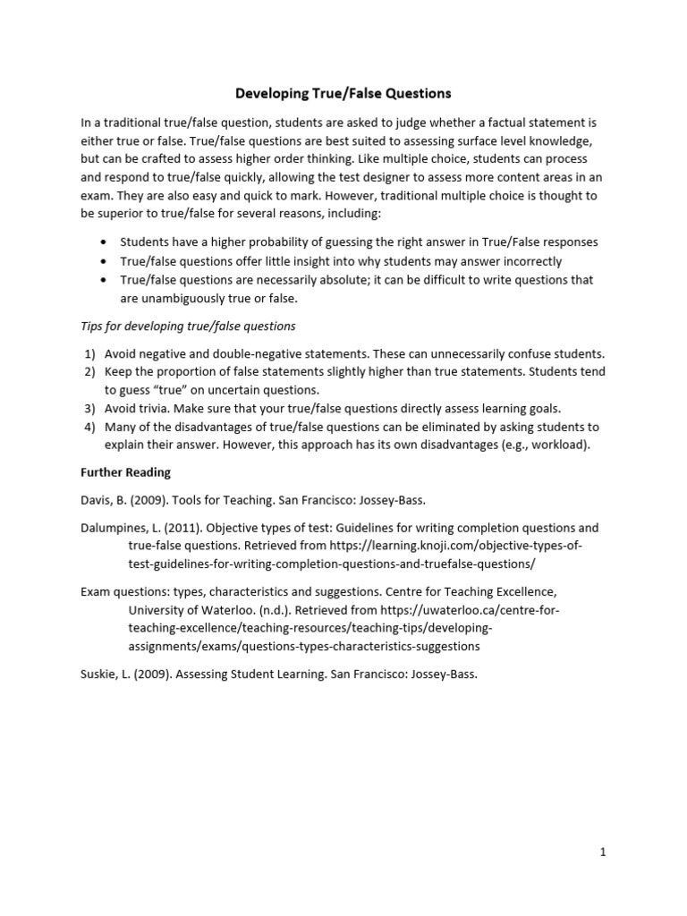Developing True False Questions May 2020 | PDF