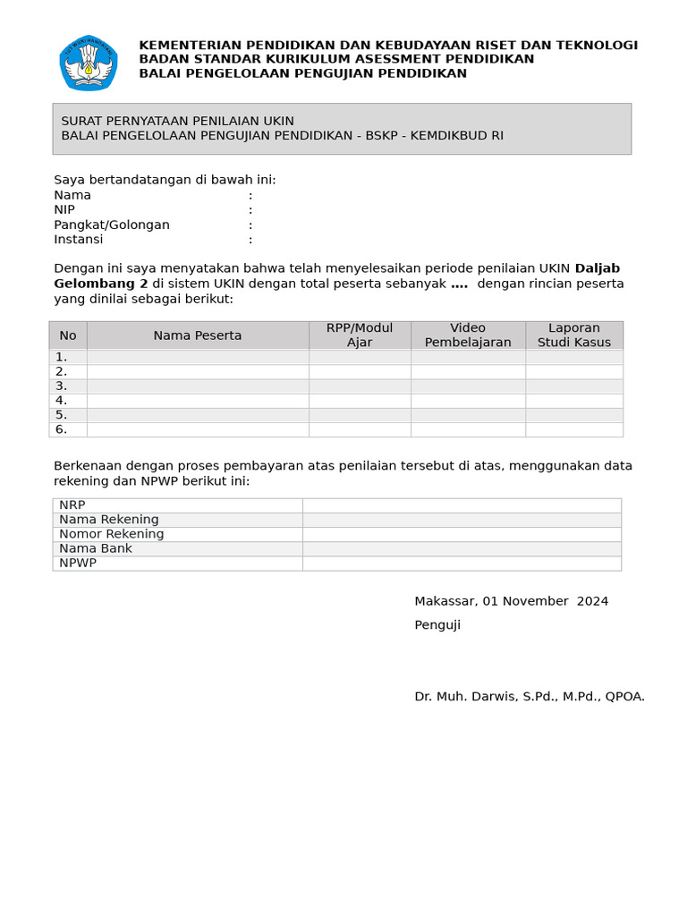 Pernyataan Penguji UKin PPG GT Piloting 2 | PDF