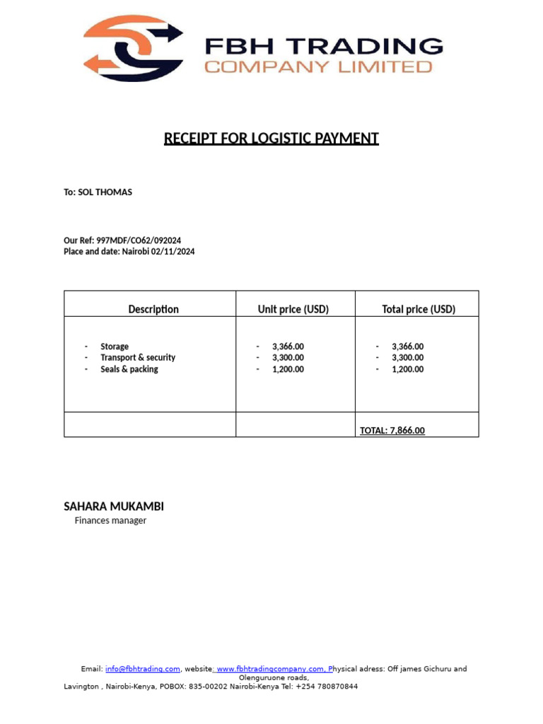 Logistics Payment Receipt - FBH Trading Ltd | PDF | Finance & Money ...