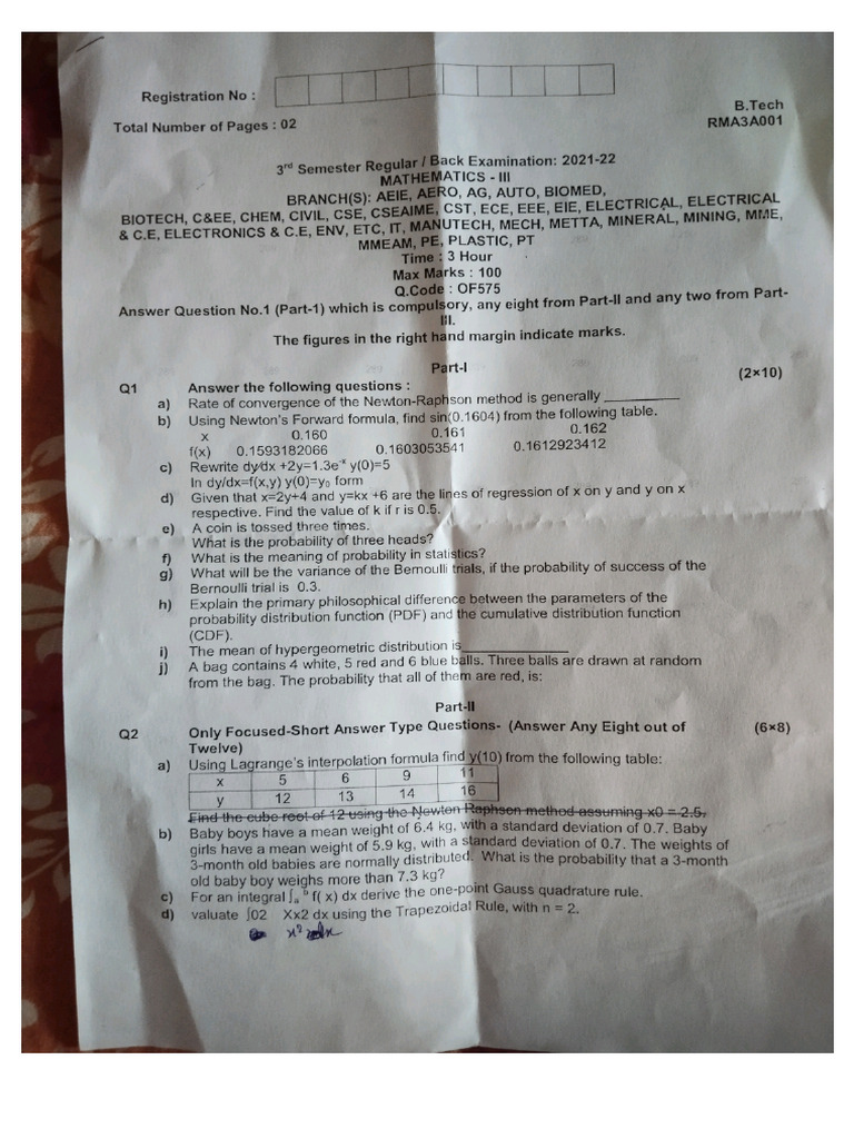 2022 3rd Semester M3 BPUT | PDF