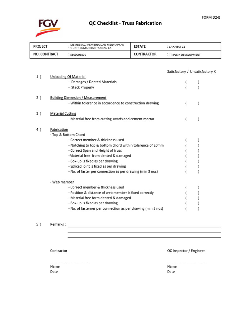 QC Checklist for Truss Fabrication | PDF | Truss | Structural Engineering
