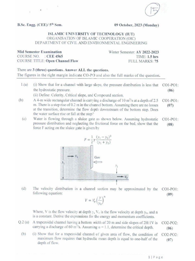 CEE 4565 (Open Channel Flow) Mid Questions | PDF