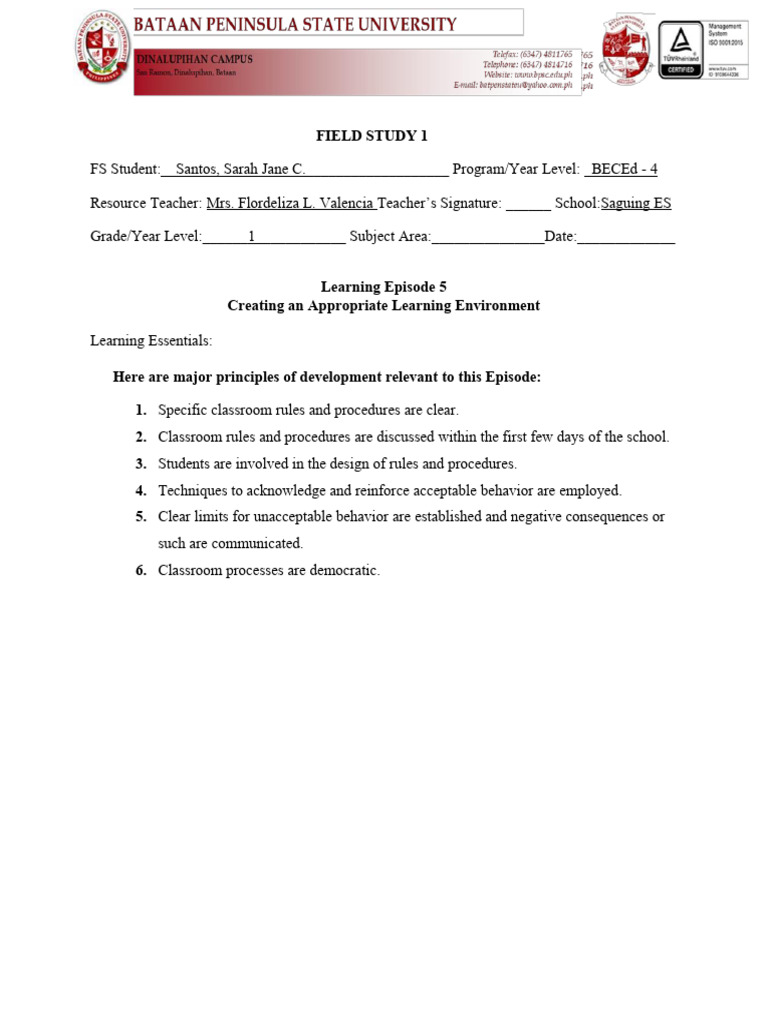Fs1 Le5 Pdf Learning Classroom