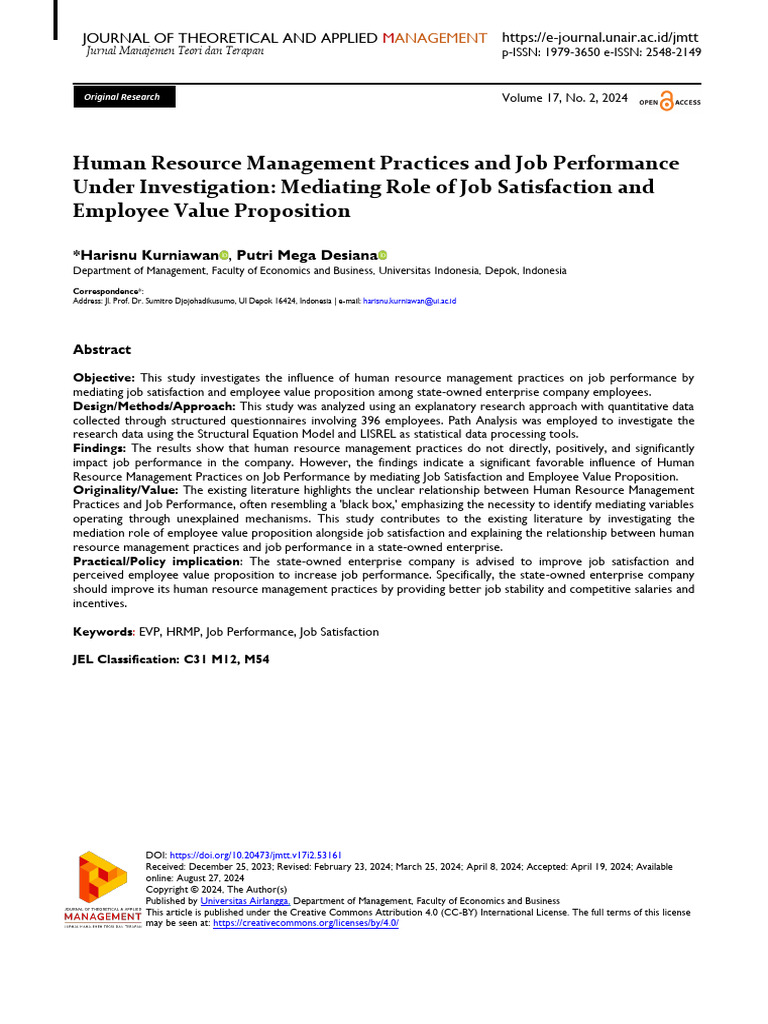 Jurnal - Human Resource Management Practices and Job Performance Under ...