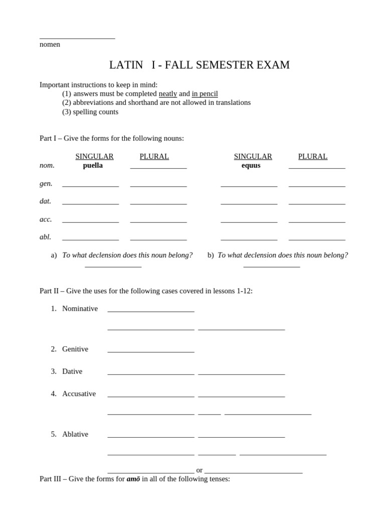 Latin Fall Semester Exam Guide | PDF | Adjective | Grammatical Number