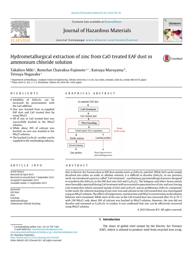 Hydrometallurgical Extraction of Zinc From CaO Treated EAF Dust in ...