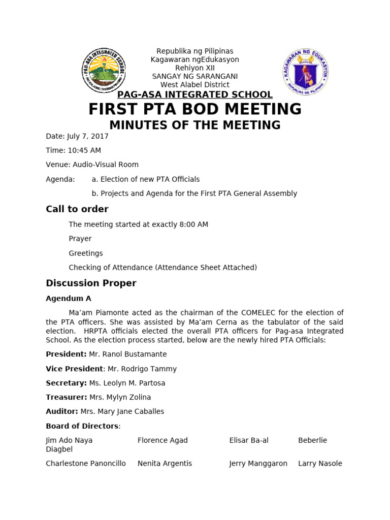 PTA Meeting Minutes: Elections & Projects | PDF