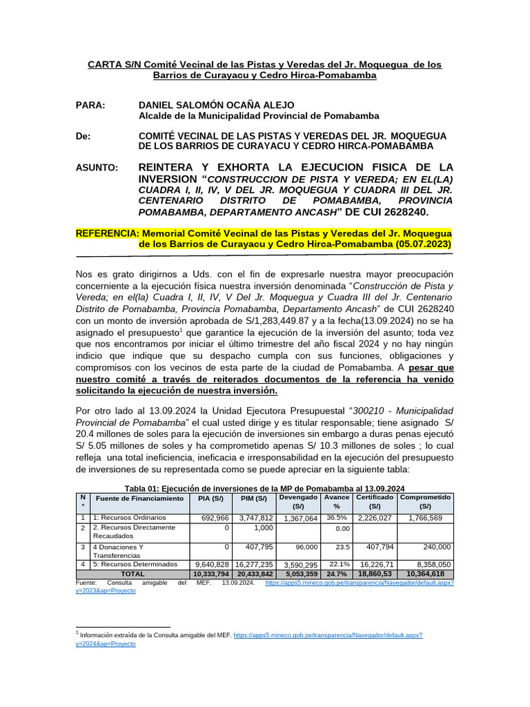 Carta Comite Vecinal | PDF