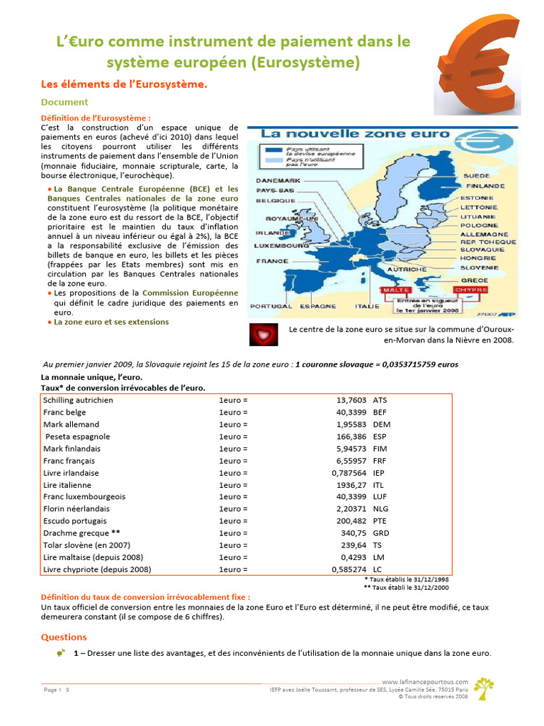 Taux de conversion euro-franc officiel | PDF | euro | Banque centrale ...