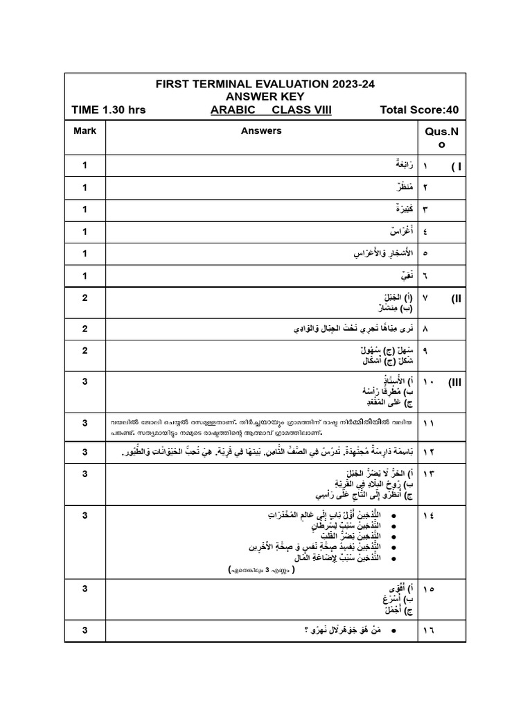 Class 8 First Term Exam Arabic Answer Key by Abdulla Sir | PDF