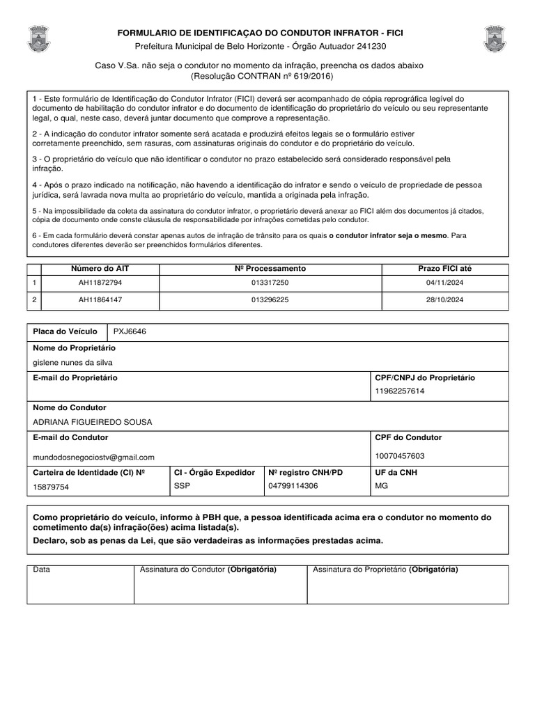 Formulário FICI - Identificação do Condutor | PDF