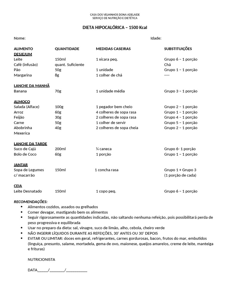 Dieta Hipocalórica - 1500 Kcal | PDF | Refeição | Leite