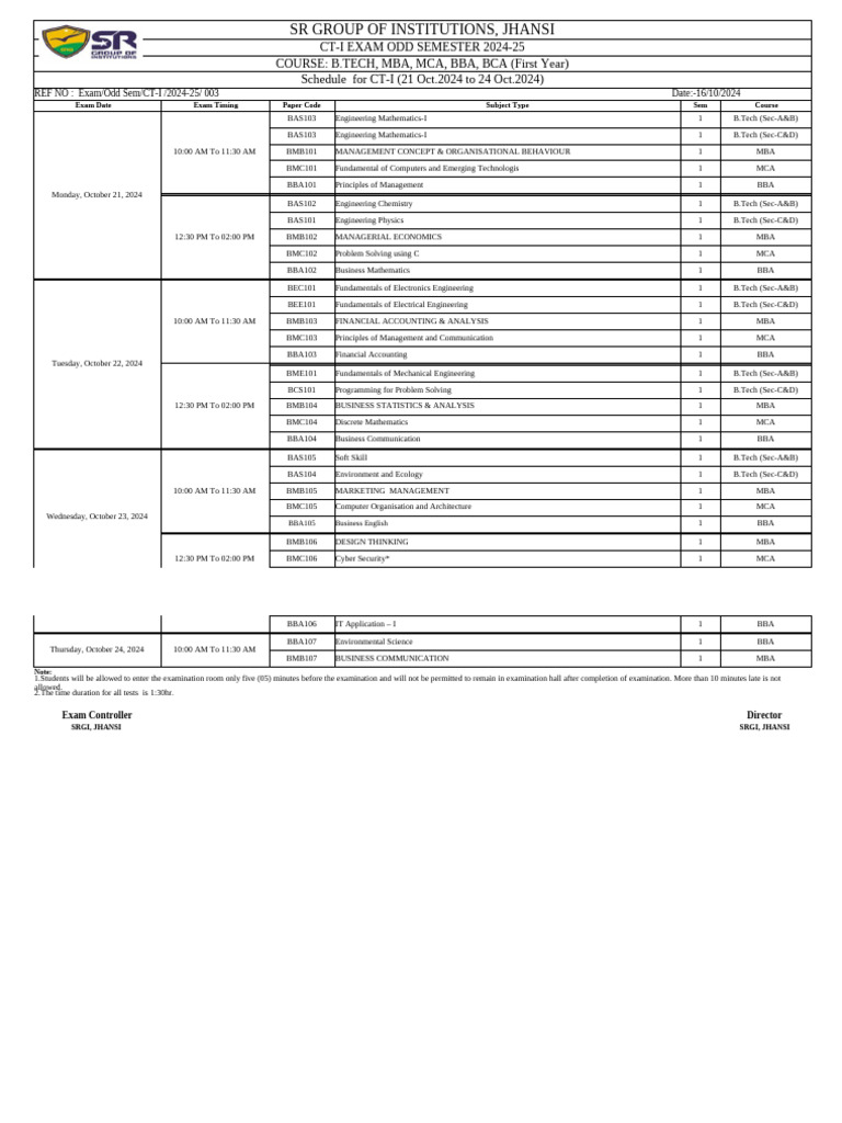 CT-I Exam Schedule Odd Semester 2024-25 | PDF | Engineering | Computing