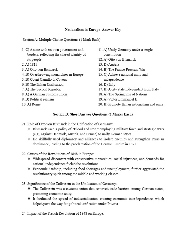 Nationalism in Europe Answer Key | PDF | Nationalism | Otto Von Bismarck