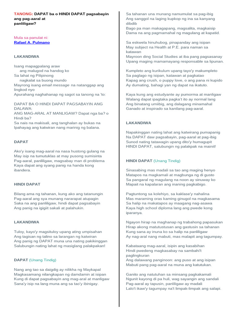 Piyesa Sa Balagtasan | PDF