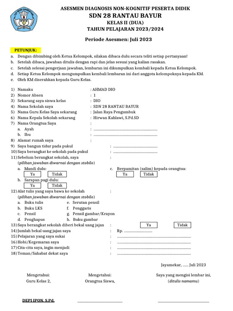 Kls 2 Instrumen Asesmen Diagnosis Non Kognitif | PDF